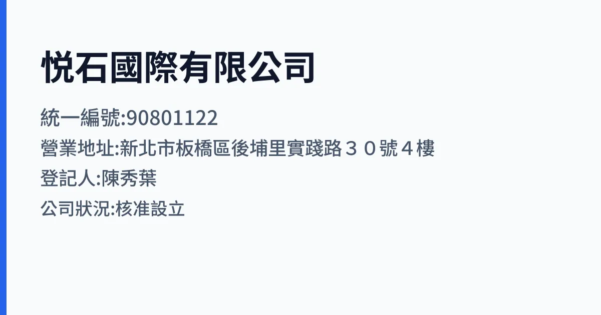 悦石國際有限公司 - 統編 90801122(新北市) 公司登記資料與營業項目詳細圖表