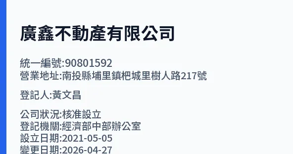 廣鑫不動產有限公司的照片-統編 90801592(南投縣) 公司登記資料與營業項目詳細圖表
