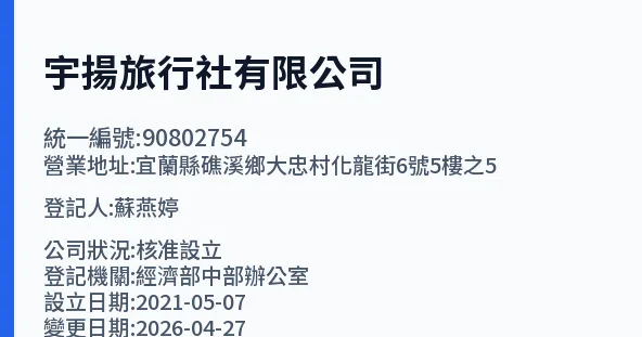 宇揚旅行社有限公司的照片-統編 90802754(宜蘭縣) 公司登記資料與營業項目詳細圖表