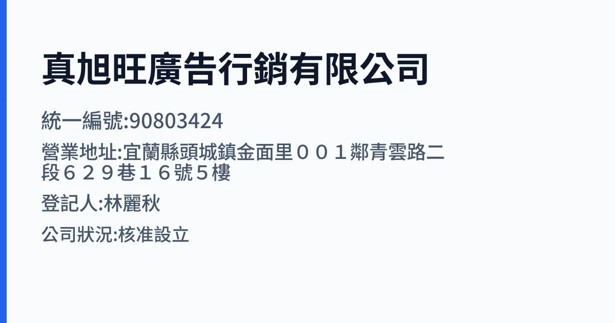 真旭旺廣告行銷有限公司 - 統編 90803424(宜蘭縣) 公司登記資料與營業項目詳細圖表