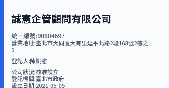 誠憲企管顧問有限公司的照片-統編 90804697(臺北市) 公司登記資料與營業項目詳細圖表