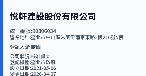 悅軒建設股份有限公司的照片-統編 90806034(臺北市) 公司登記資料與營業項目詳細圖表
