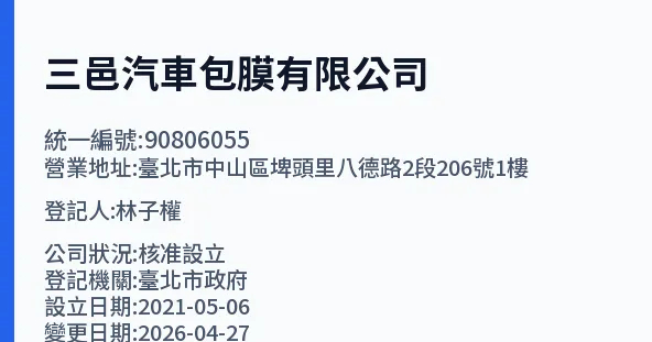 三邑汽車包膜有限公司的照片-統編 90806055(臺北市) 公司登記資料與營業項目詳細圖表
