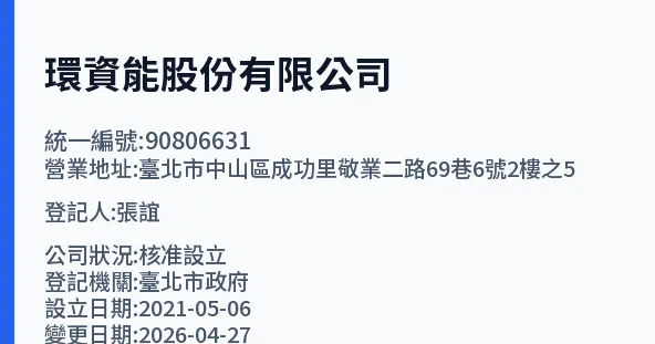 環資能股份有限公司的照片-統編 90806631(臺北市) 公司登記資料與營業項目詳細圖表