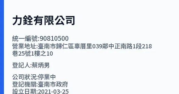 力銓有限公司的照片-統編 90810500(臺南市) 公司登記資料與營業項目詳細圖表