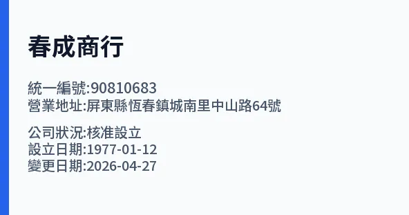春成商行的照片-統編 90810683(屏東縣) 公司登記資料與營業項目詳細圖表