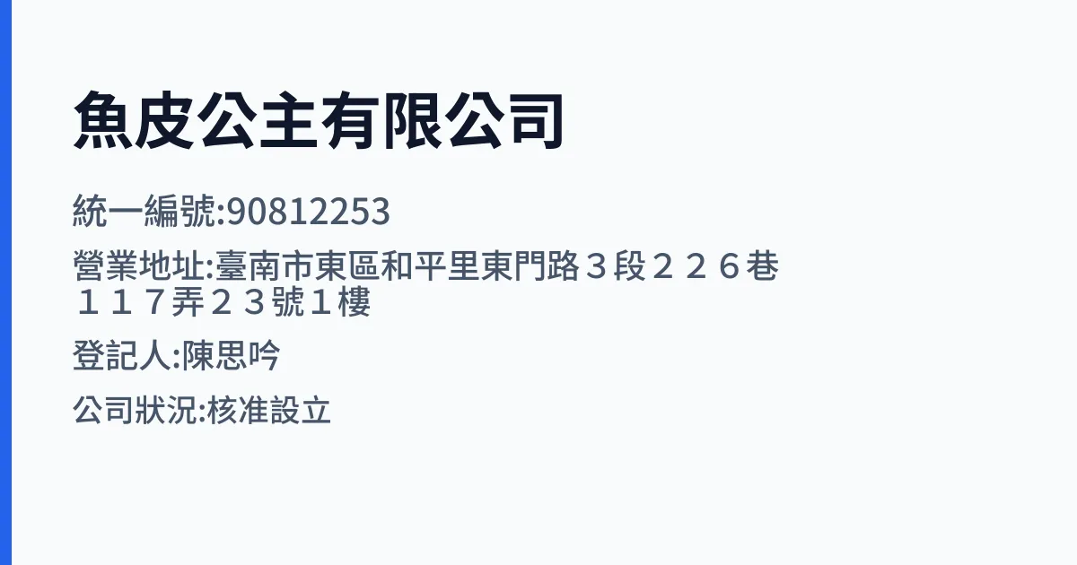 魚皮公主有限公司 - 統編 90812253(臺南市) 公司登記資料與營業項目詳細圖表