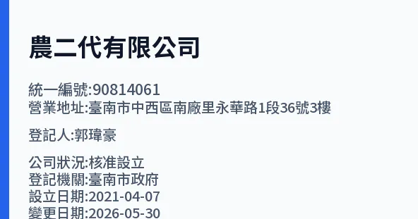 農二代有限公司的照片-統編 90814061(臺南市) 公司登記資料與營業項目詳細圖表