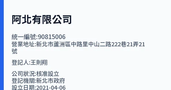 阿北有限公司的照片-統編 90815006(新北市) 公司登記資料與營業項目詳細圖表