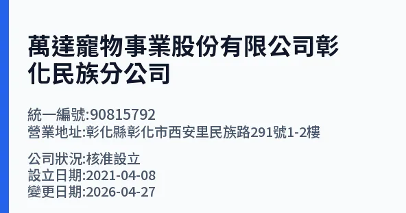 萬達寵物事業股份有限公司彰化民族分公司的照片-統編 90815792(彰化縣) 公司登記資料與營業項目詳細圖表