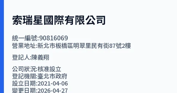 索瑞星國際有限公司的照片-統編 90816069(新北市) 公司登記資料與營業項目詳細圖表