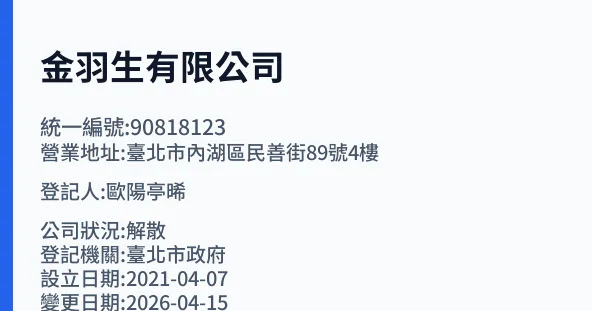 金羽生有限公司的照片-統編 90818123(臺北市) 公司登記資料與營業項目詳細圖表