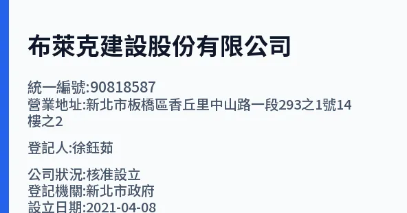 布萊克建設股份有限公司的照片-統編 90818587(新北市) 公司登記資料與營業項目詳細圖表