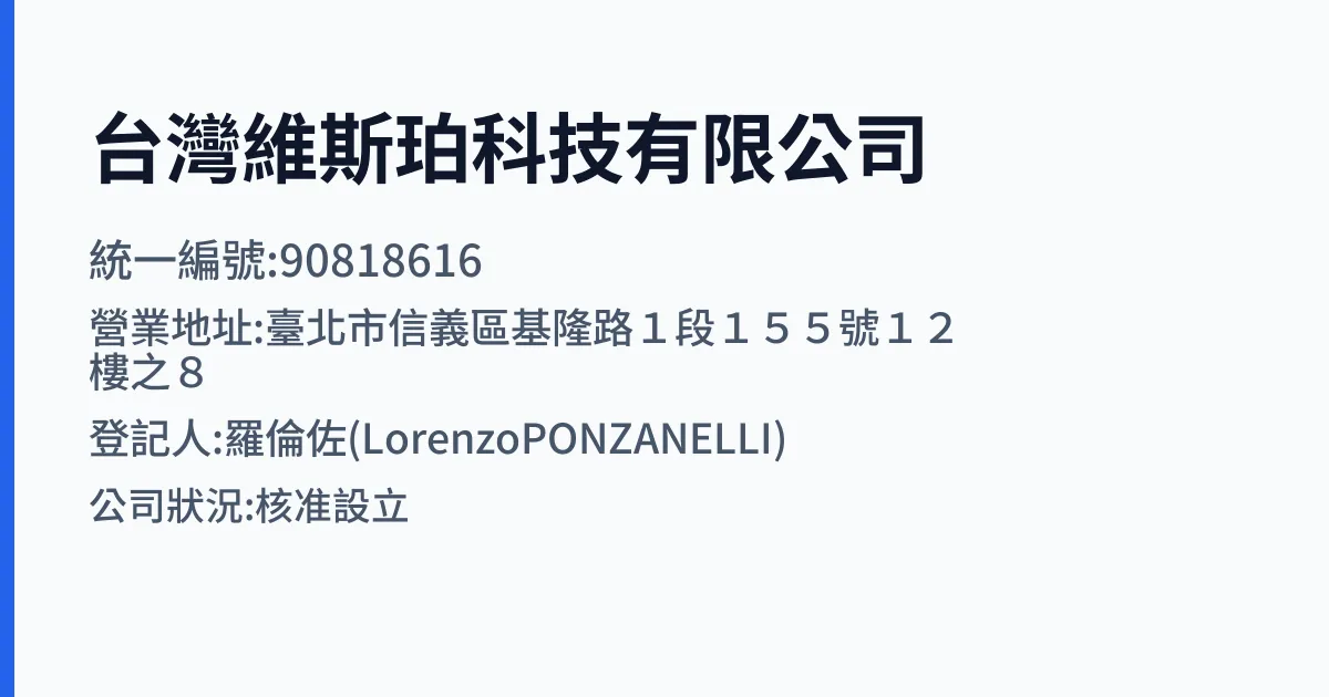 台灣維斯珀科技有限公司 - 統編 90818616(臺北市) 公司登記資料與營業項目詳細圖表