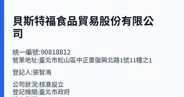 貝斯特福食品貿易股份有限公司的照片-統編 90818812(臺北市) 公司登記資料與營業項目詳細圖表