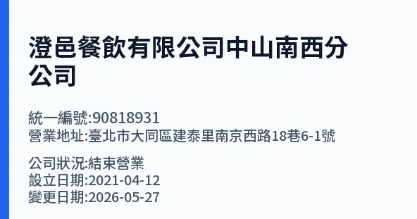澄邑餐飲有限公司中山南西分公司的照片-統編 90818931(臺北市) 公司登記資料與營業項目詳細圖表