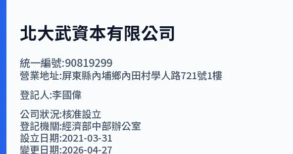 北大武資本有限公司的照片-統編 90819299(屏東縣) 公司登記資料與營業項目詳細圖表