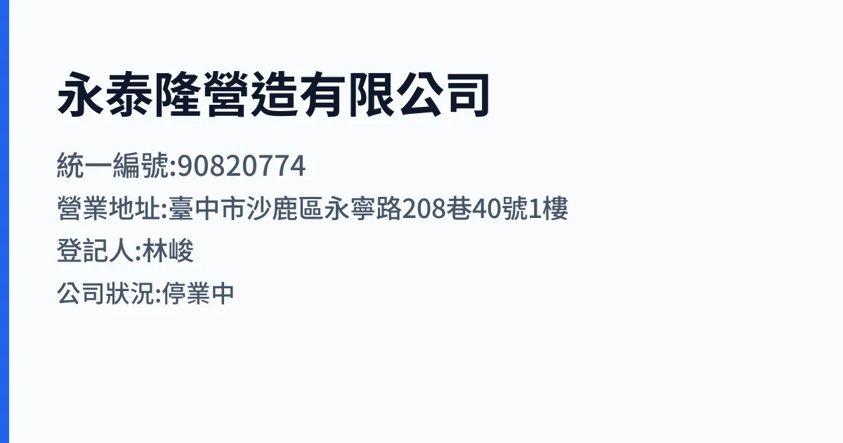 永泰隆營造有限公司 - 統編 90820774(臺中市) 公司登記資料與營業項目詳細圖表