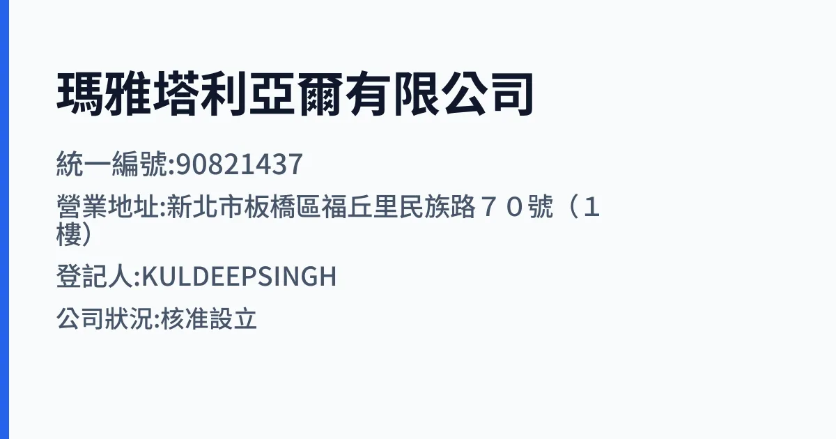 瑪雅塔利亞爾有限公司 - 統編 90821437(新北市) 公司登記資料與營業項目詳細圖表