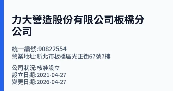 力大營造股份有限公司板橋分公司的照片-統編 90822554(新北市) 公司登記資料與營業項目詳細圖表