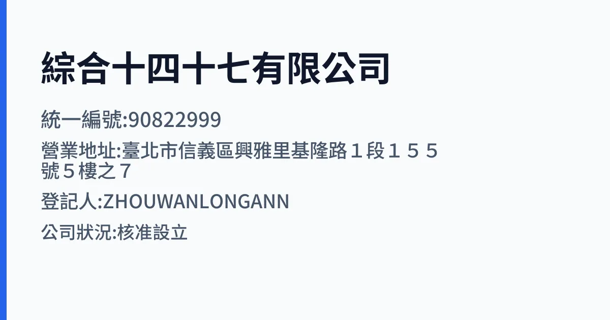 綜合十四十七有限公司 - 統編 90822999(臺北市) 公司登記資料與營業項目詳細圖表