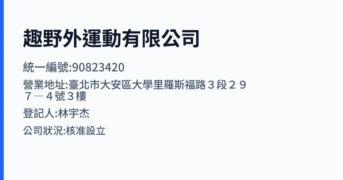 趣野外運動有限公司 - 統編 90823420(臺北市) 公司登記資料與營業項目詳細圖表