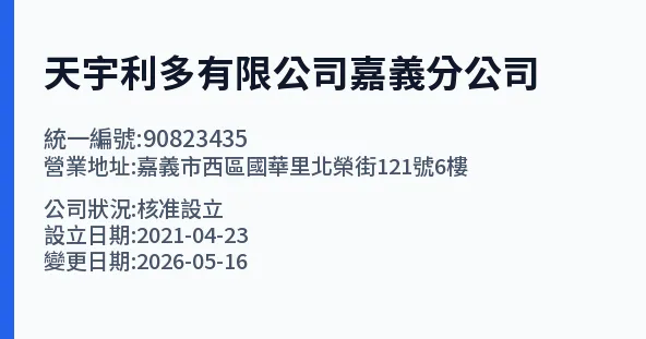 天宇利多有限公司嘉義分公司的照片-統編 90823435(嘉義市) 公司登記資料與營業項目詳細圖表
