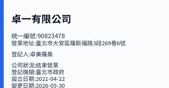 卓一有限公司的照片-統編 90823478(臺北市) 公司登記資料與營業項目詳細圖表