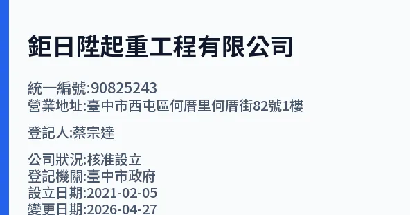 鉅日陞起重工程有限公司的照片-統編 90825243(臺中市) 公司登記資料與營業項目詳細圖表
