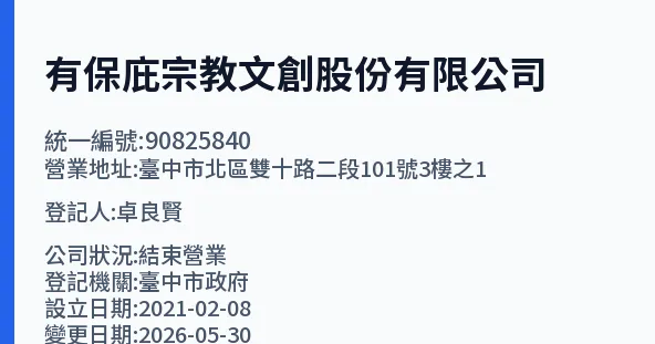 有保庇宗教文創股份有限公司的照片-統編 90825840(臺中市) 公司登記資料與營業項目詳細圖表