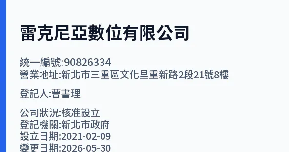 雷克尼亞數位有限公司的照片-統編 90826334(新北市) 公司登記資料與營業項目詳細圖表