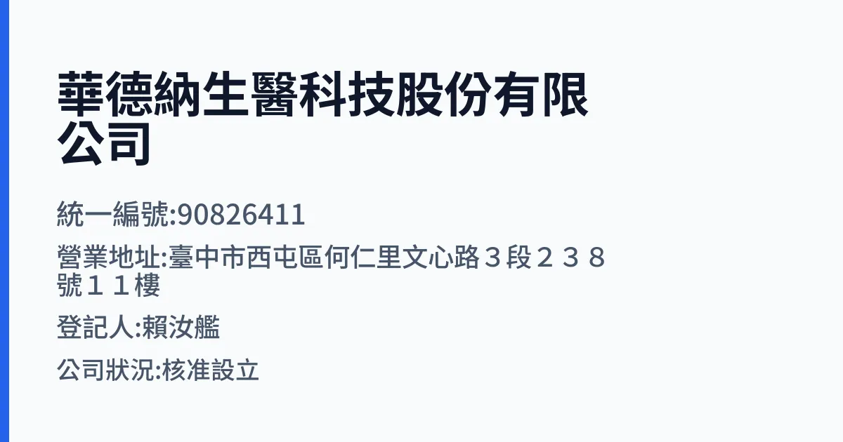 華德納生醫科技股份有限公司 - 統編 90826411(臺中市) 公司登記資料與營業項目詳細圖表