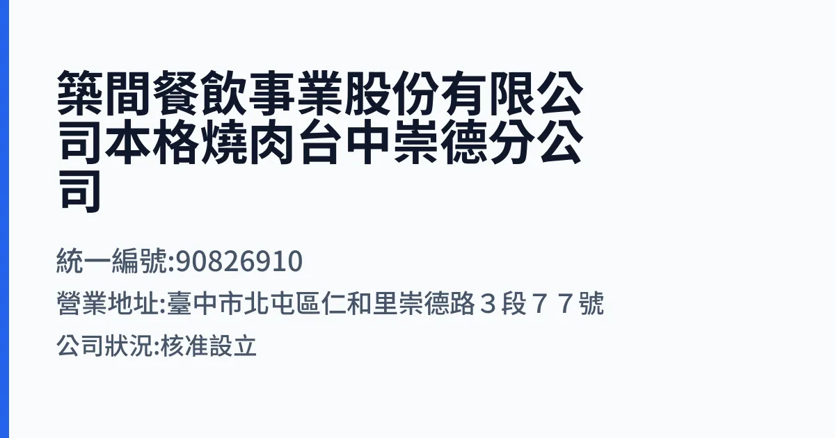 築間餐飲事業股份有限公司本格燒肉台中崇德分公司 - 統編 90826910(臺中市) 公司登記資料與營業項目詳細圖表