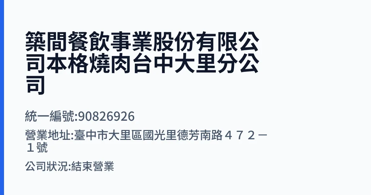 築間餐飲事業股份有限公司本格燒肉台中大里分公司 - 統編 90826926(臺中市) 公司登記資料與營業項目詳細圖表