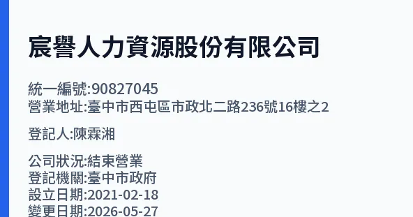 宸譽人力資源股份有限公司的照片-統編 90827045(臺中市) 公司登記資料與營業項目詳細圖表