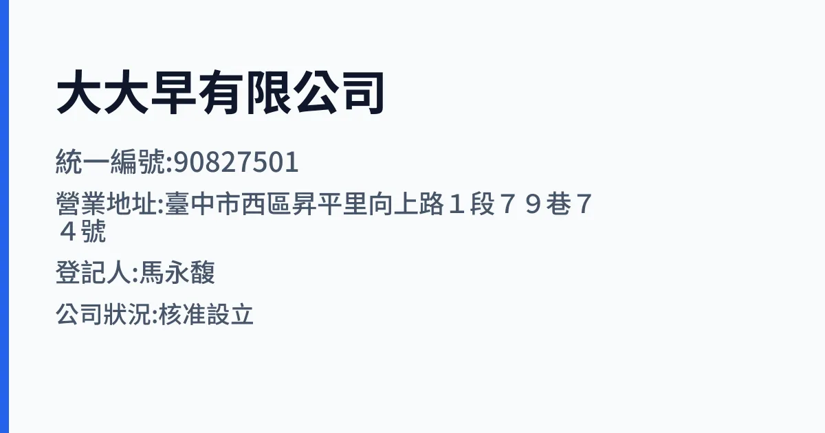 大大早有限公司 - 統編 90827501(臺中市) 公司登記資料與營業項目詳細圖表