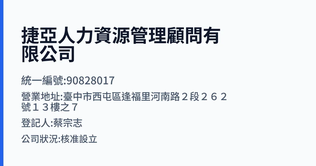 捷亞人力資源管理顧問有限公司 - 統編 90828017(臺中市) 公司登記資料與營業項目詳細圖表