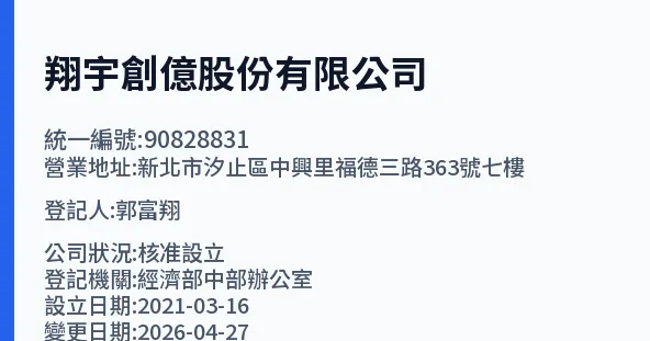 翔宇創億股份有限公司的照片-統編 90828831(新北市) 公司登記資料與營業項目詳細圖表