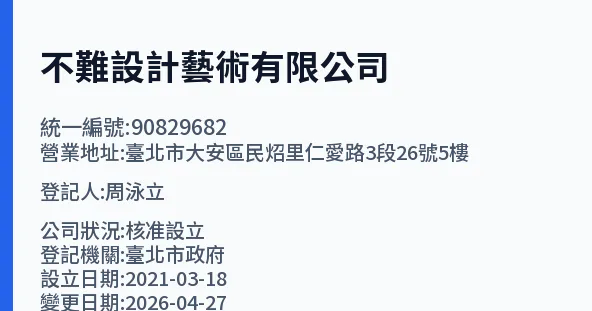 不難設計藝術有限公司的照片-統編 90829682(臺北市) 公司登記資料與營業項目詳細圖表