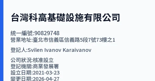 台灣科高基礎設施有限公司的照片-統編 90829748(臺北市) 公司登記資料與營業項目詳細圖表
