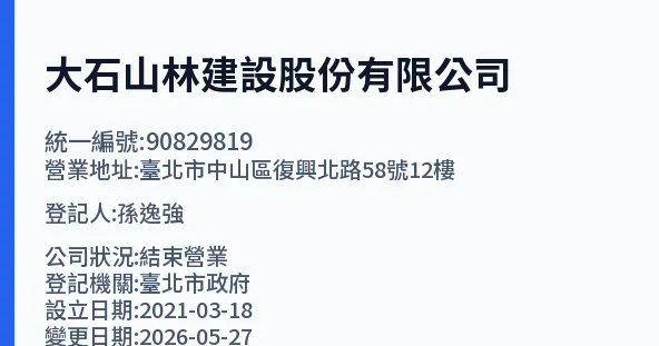 大石山林建設股份有限公司的照片-統編 90829819(臺北市) 公司登記資料與營業項目詳細圖表