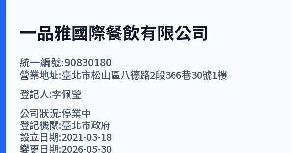 一品雅國際餐飲有限公司的照片-統編 90830180(臺北市) 公司登記資料與營業項目詳細圖表