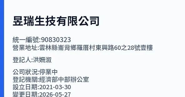 昱瑞生技有限公司的照片-統編 90830323(雲林縣) 公司登記資料與營業項目詳細圖表