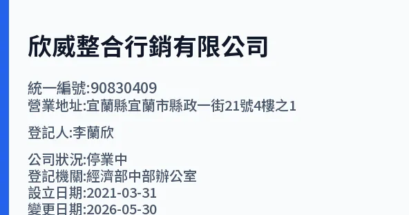 欣威整合行銷有限公司的照片-統編 90830409(宜蘭縣) 公司登記資料與營業項目詳細圖表