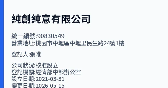 純創純意有限公司的照片-統編 90830549(桃園市) 公司登記資料與營業項目詳細圖表
