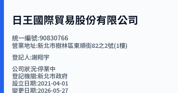 日王國際貿易股份有限公司的照片-統編 90830766(新北市) 公司登記資料與營業項目詳細圖表