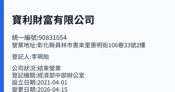 寶利財富有限公司的照片-統編 90831054(彰化縣) 公司登記資料與營業項目詳細圖表