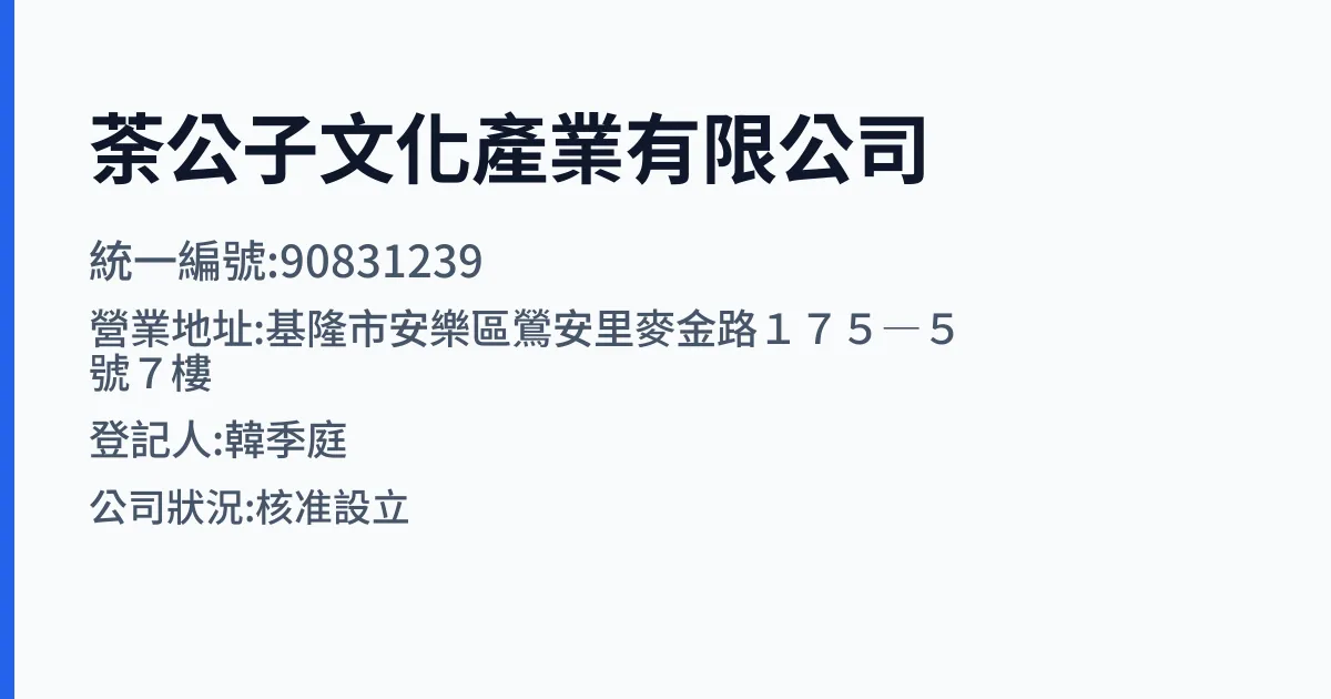 荼公子文化產業有限公司 - 統編 90831239(基隆市) 公司登記資料與營業項目詳細圖表