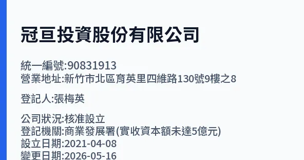 冠亘投資股份有限公司的照片-統編 90831913(新竹市) 公司登記資料與營業項目詳細圖表