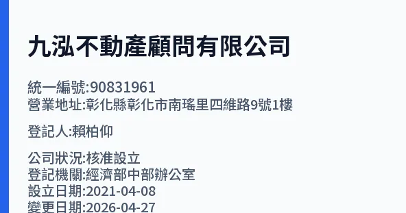 九泓不動產顧問有限公司的照片-統編 90831961(彰化縣) 公司登記資料與營業項目詳細圖表